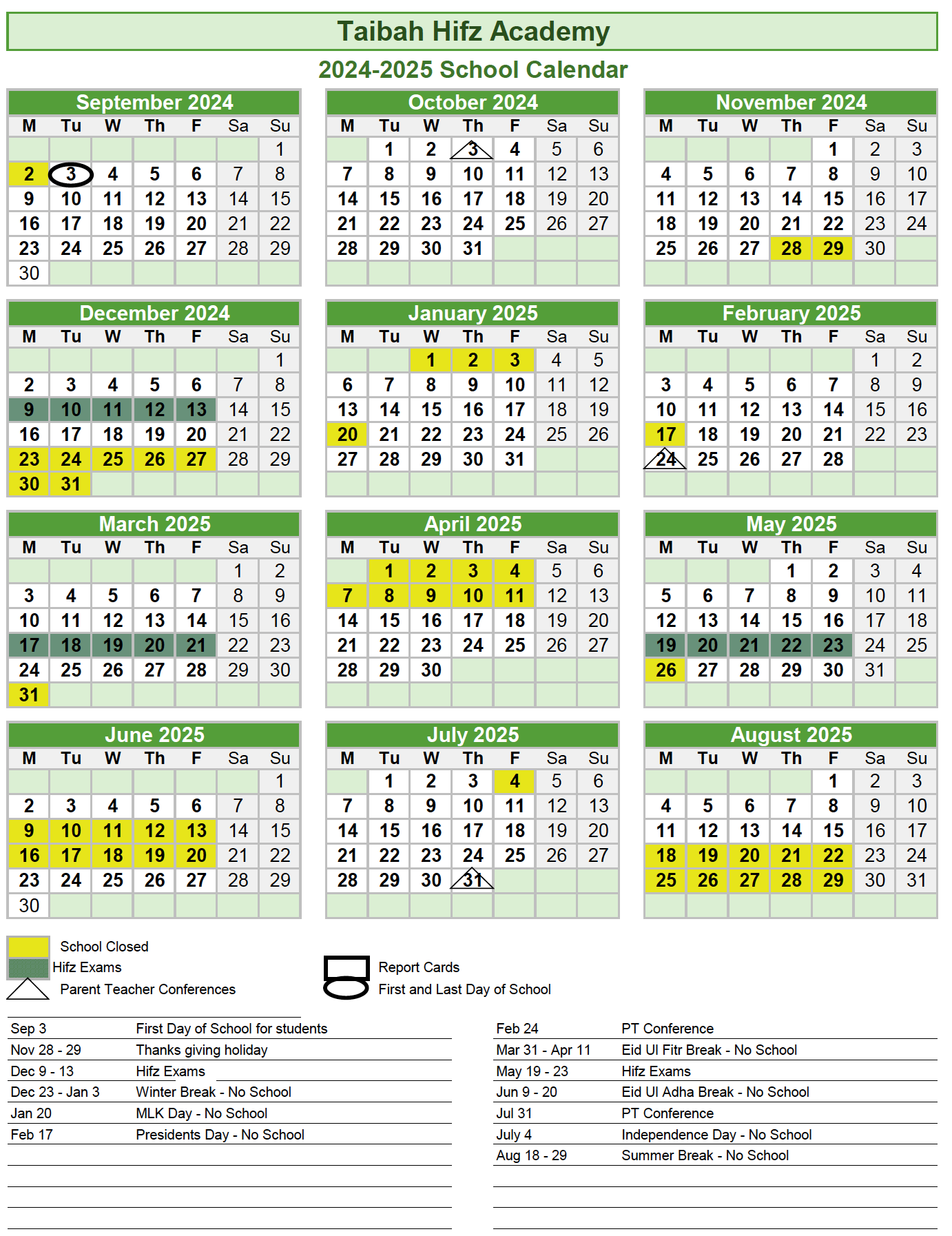 Calendar – Welcome to Taibah Hifz Academy